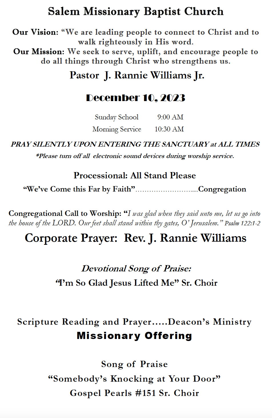 This Week’s Sunday Service Program | Salem Missionary Baptist Church